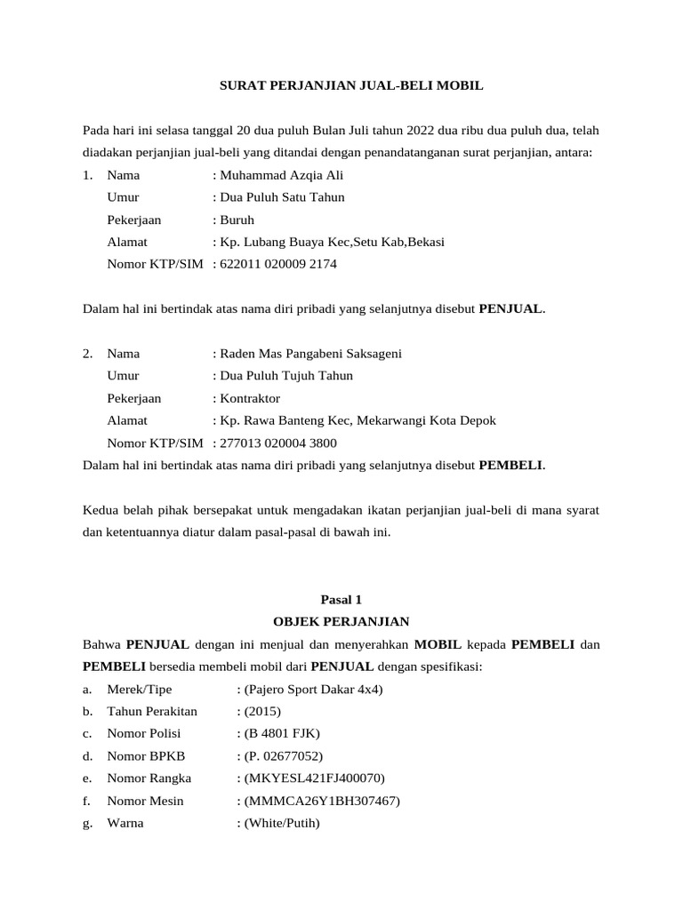 Surat Perjanjian Jual-Beli Mobil 2022 | PDF