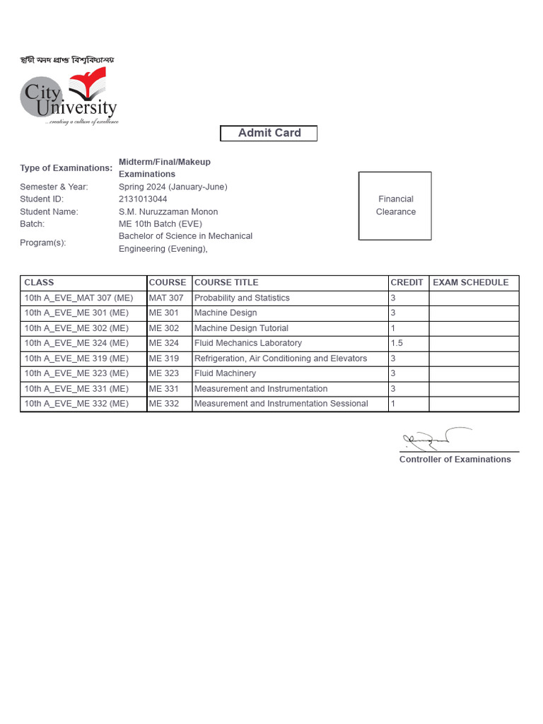Student Exam Card | PDF