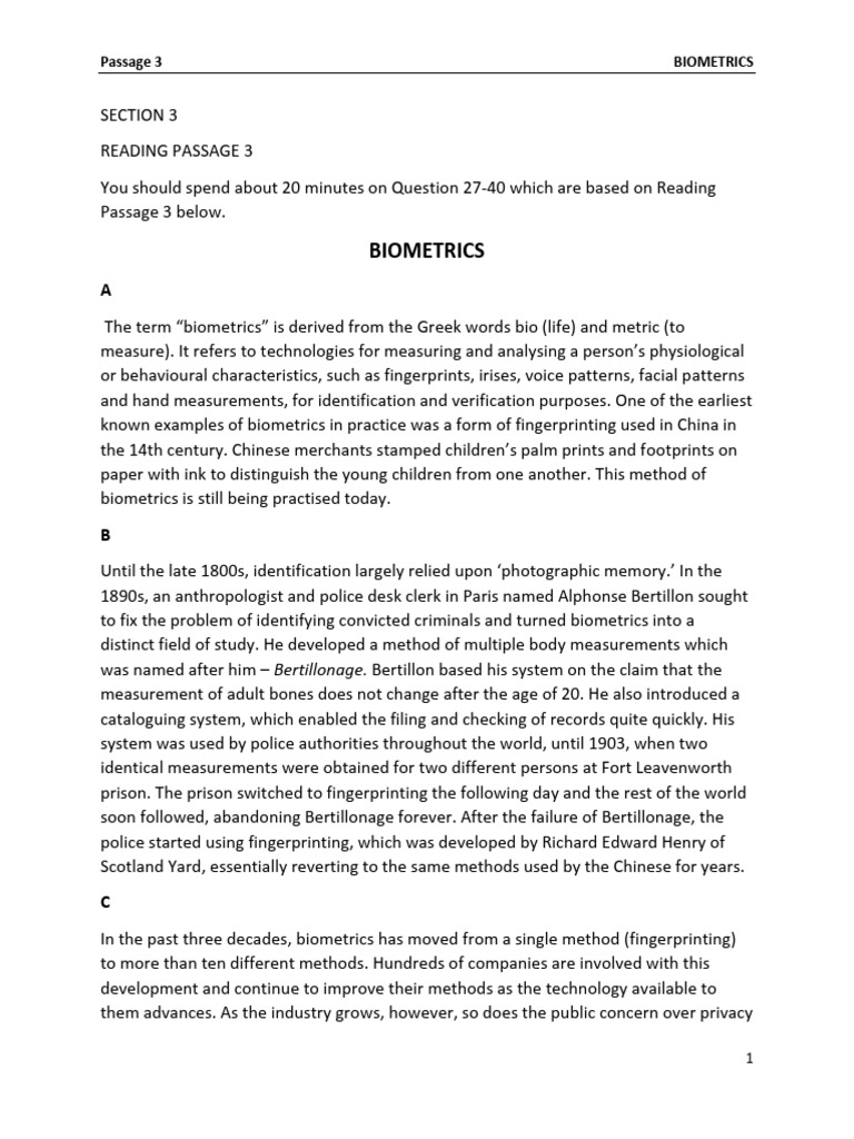 52 Passage 3 - BIOMETRICS Q27-40 | PDF | Biometrics | Authentication