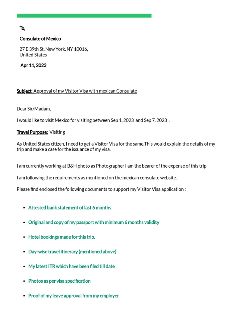 Mexico Visitor Visa Application Letter | PDF