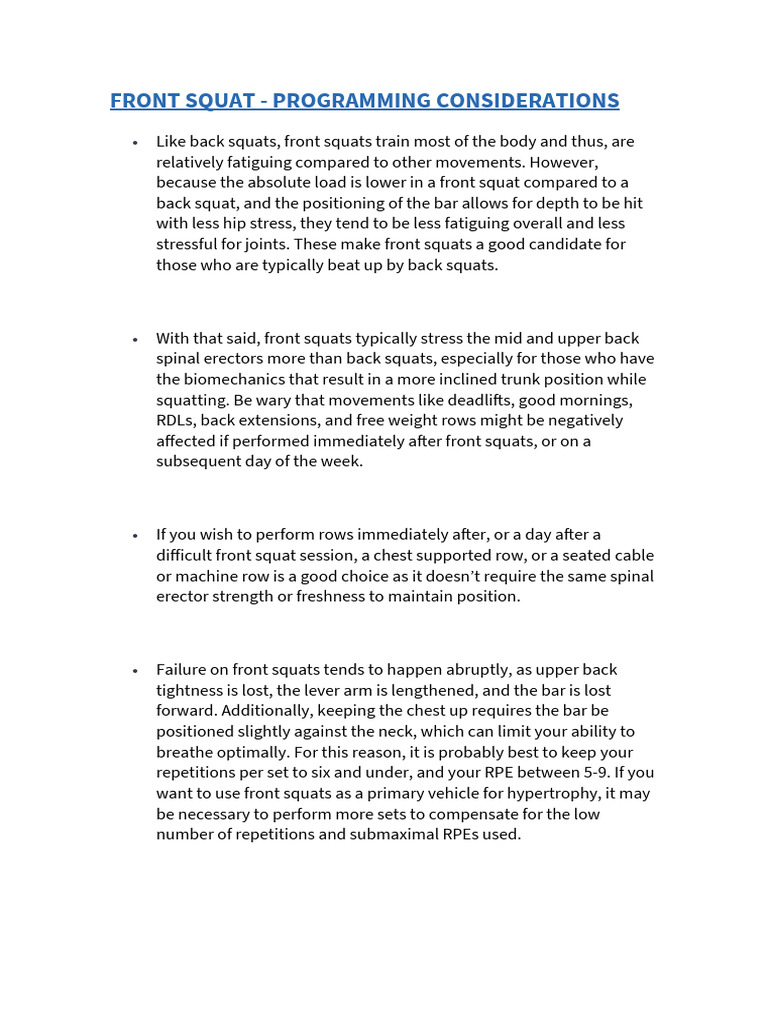 Front Squat Programming Considerations | PDF