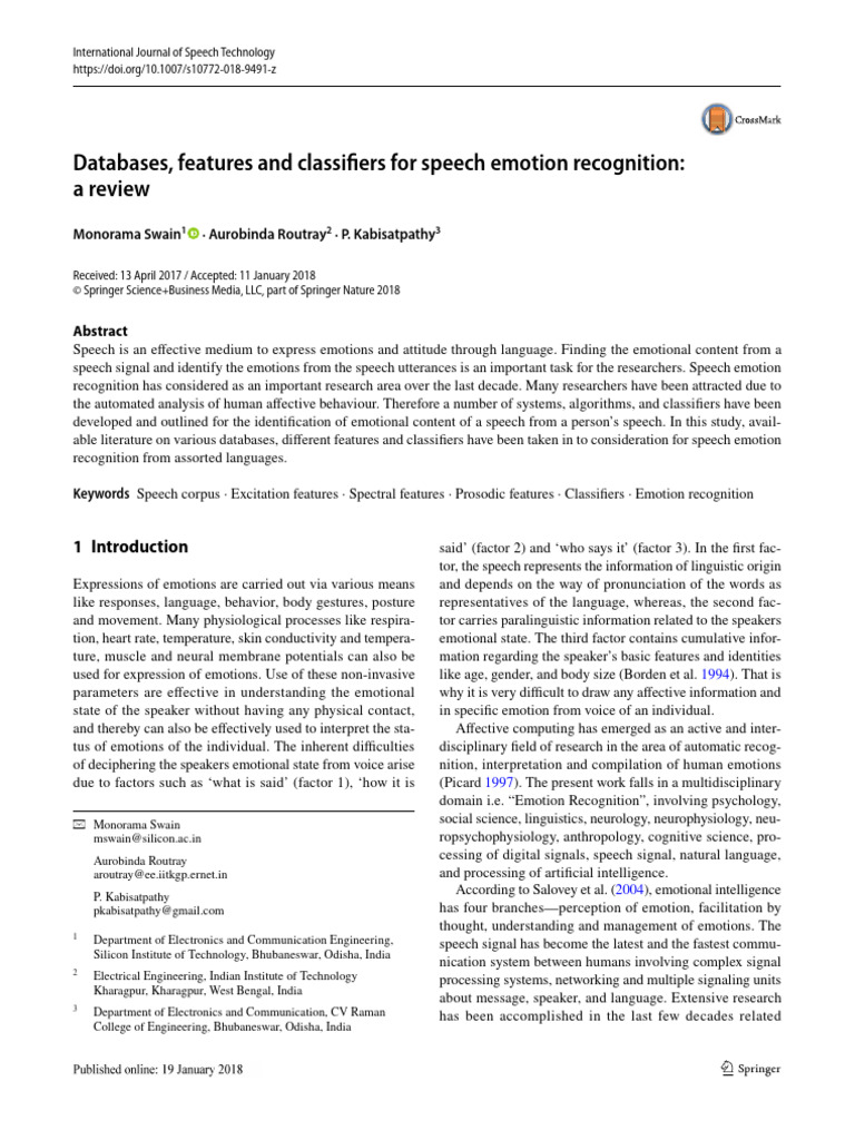 Databases, Features and Classifiers For Speech Emotion Recognition: A Review | PDF | Emotions ...