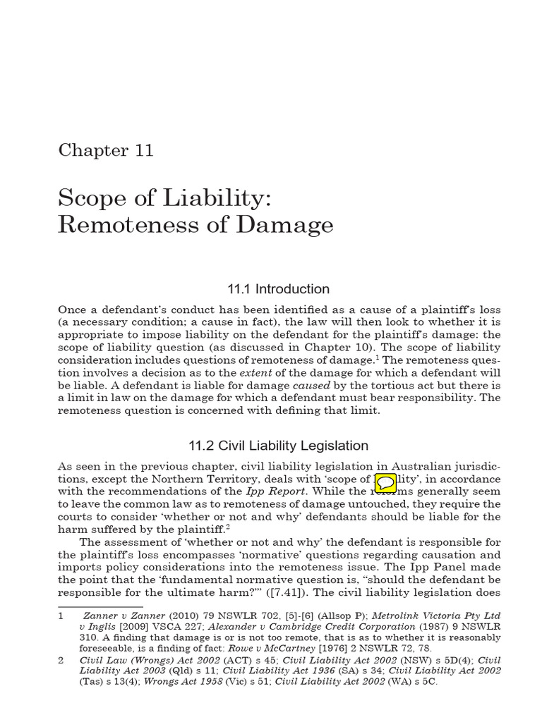 Australian Principles of Tort Law - (Chapter 11 Scope of Liability Remoteness of Damage) | PDF ...