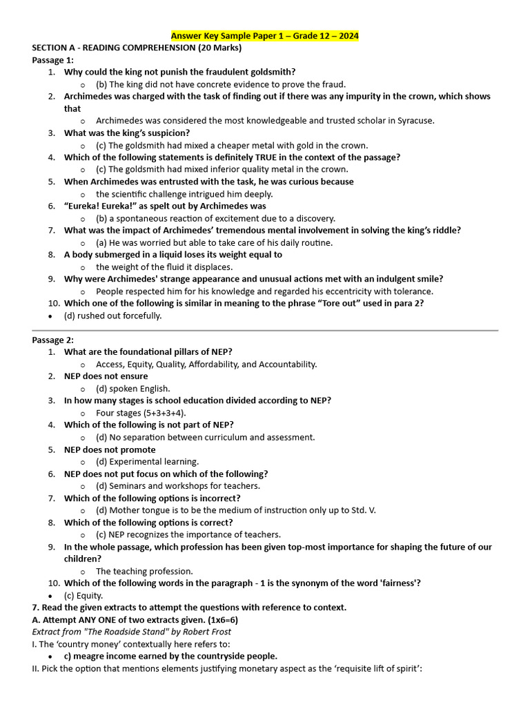 XII Sample Paper 1 Answer Key | PDF