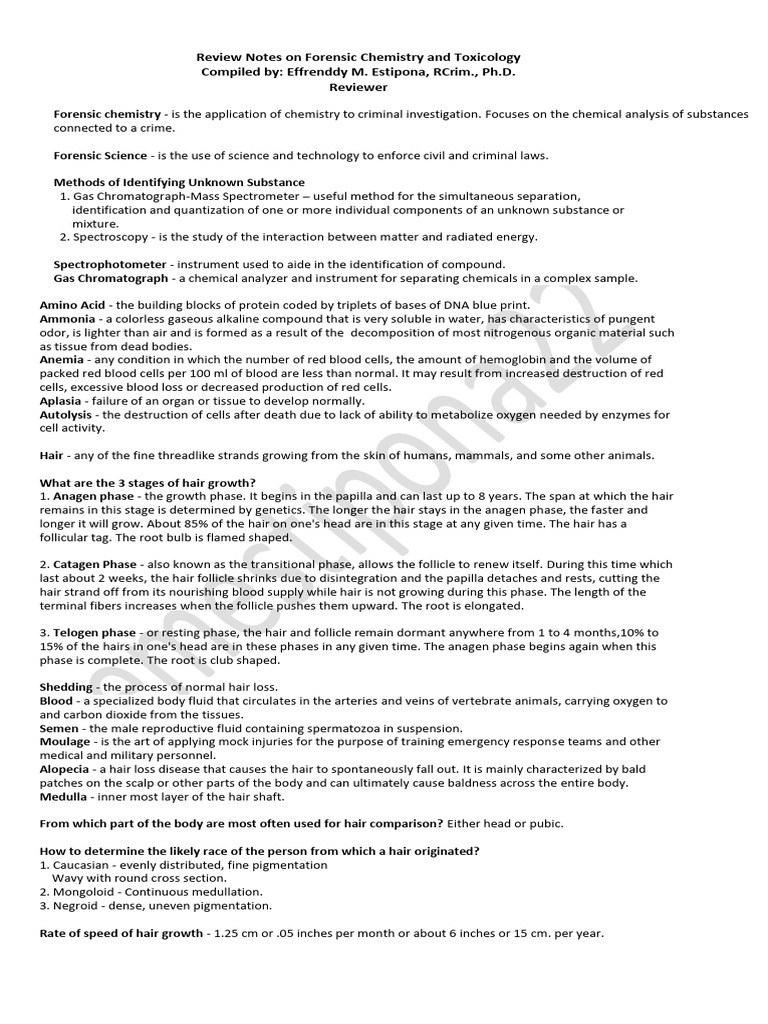 Review Notes On Forensic Chemistry and Toxicology | PDF | Self-Improvement