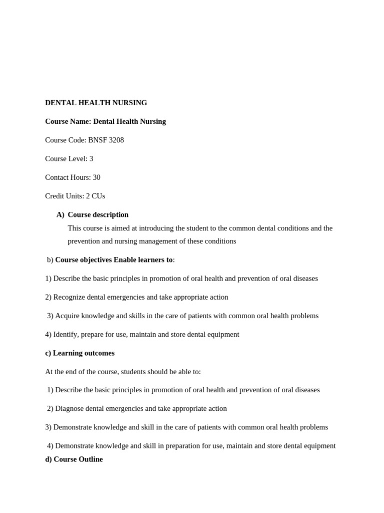 Dental Health Nursing Course Outline | PDF | Dentistry | Nursing