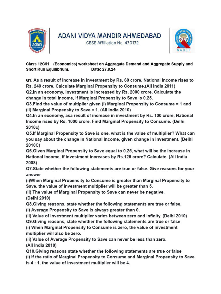 Class 12C Aggregate Demand Worksheet | PDF | Fiscal Multiplier | Investing