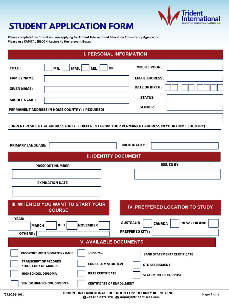Trident Student Application Form | PDF | Diploma
