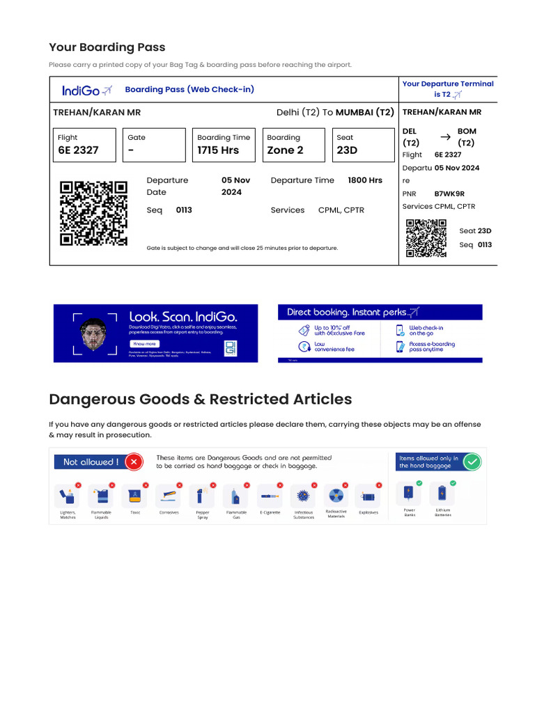 Indigo Flight 6E 2327 Boarding Pass | PDF | Aviation