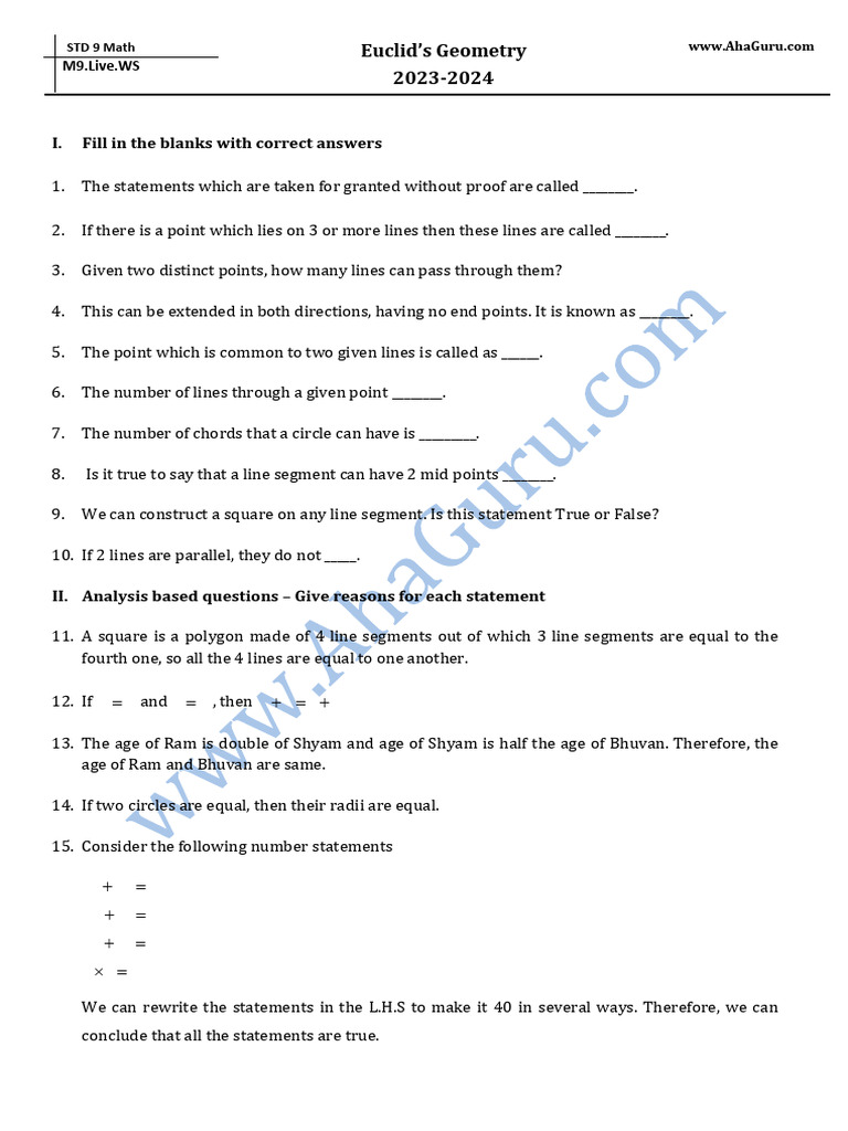 M9 Euclid Geometry Revision WS - 31 July 2023 - 1690804616944 - 7QnQe | PDF | Geometric Shapes ...