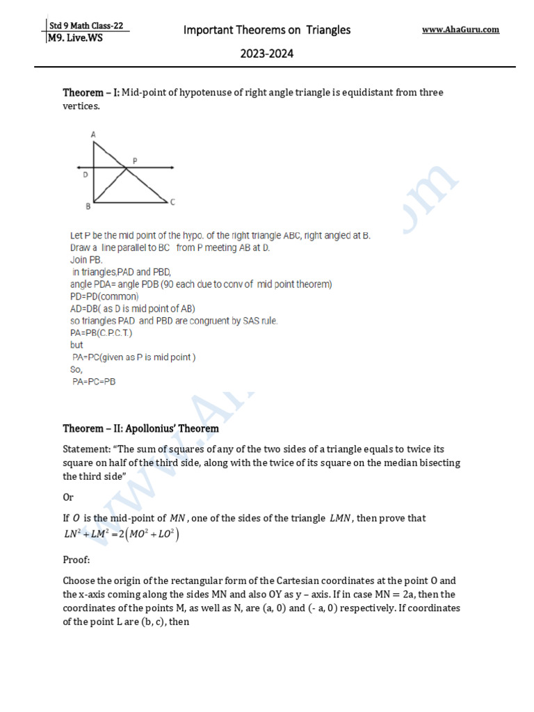 Geometry Theorems for Grade 9 | PDF | Triangle | Elementary Geometry