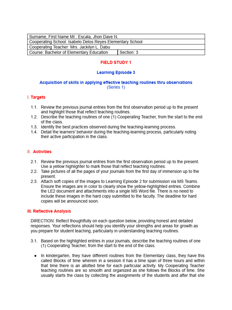 ESCALA - FS1-LE3 - Teaching Routines, Series 1-1 | PDF | Classroom ...