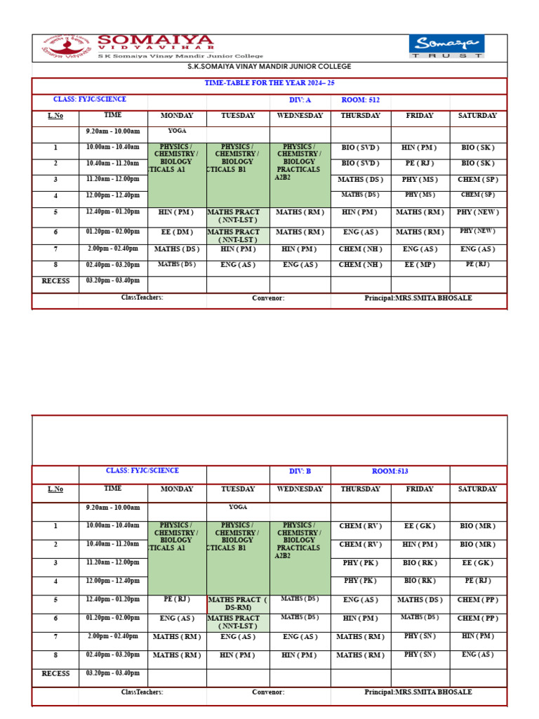 FYJC+SCIENCE+TIME+TABLE | PDF | Physical Sciences | Natural Sciences