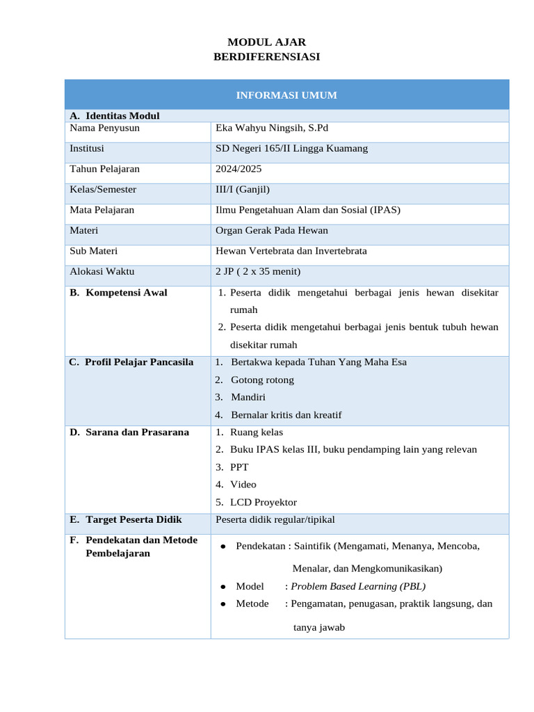 Modul Ajar IPA Kelas III: Hewan Vertebrata | PDF
