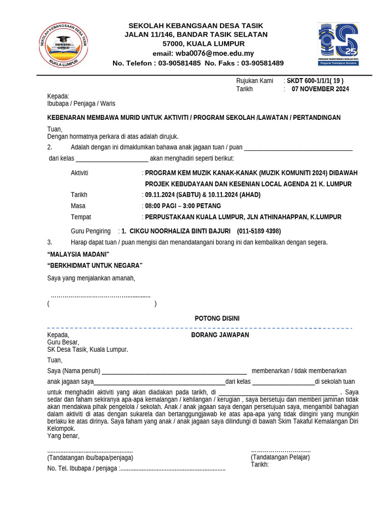 Surat SKDT Kebenaran Membawa Murid Keluar Kem Muzik DBKL | PDF