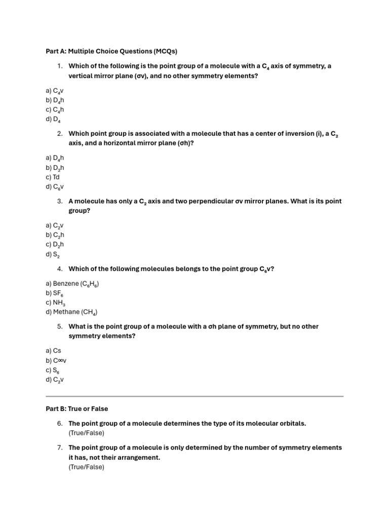 Inorganic Chem-Point Group Practice Test | PDF | Molecular Orbital ...