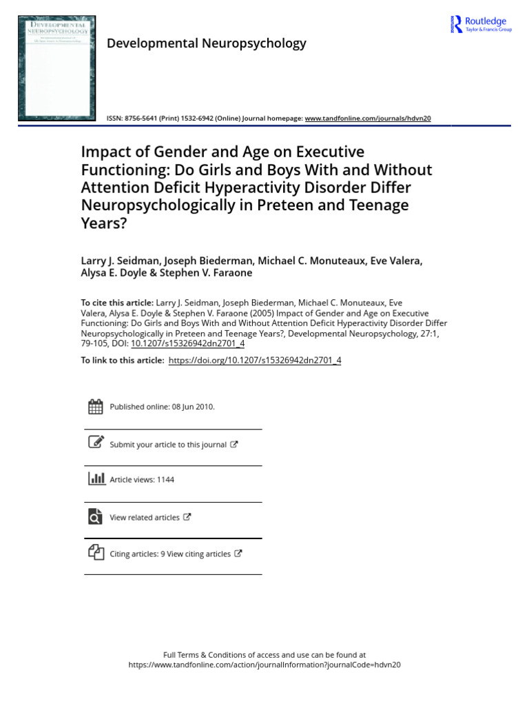 Impact of Gender and Age On Executive Functioning Do Girls and Boys ...