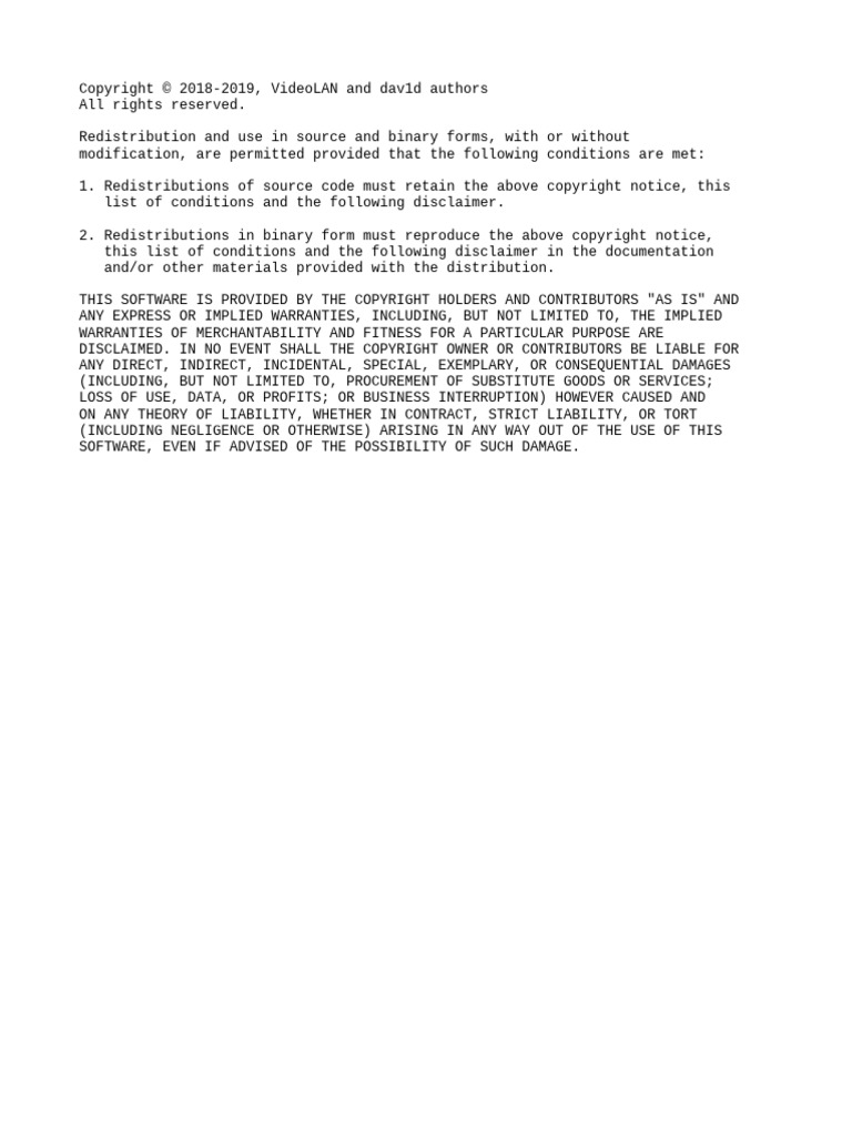 Dav1d License (BSD 2 Simplified) | PDF