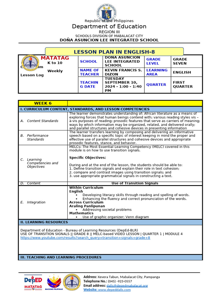 DLP - Matatag - September 10, 2024 - First | PDF | Learning | Curriculum