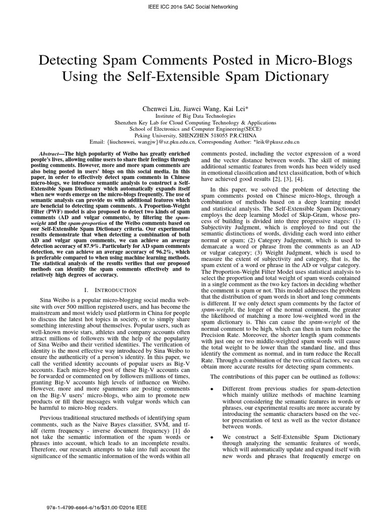 Detecting Spam Comments Posted in Micro-Blogs Using The Self-Extensible Spam Dictionary | PDF ...