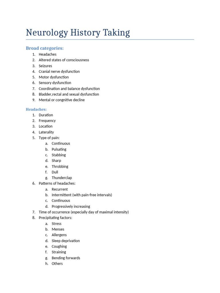 Neurology History Taking | PDF | Headache | Urinary Incontinence