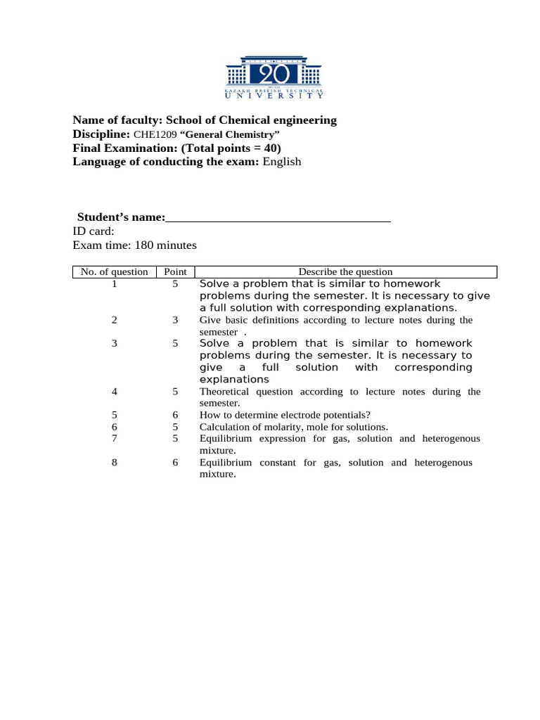 Structure of Examination Ticket-CHE1209 "Corrosion" | PDF