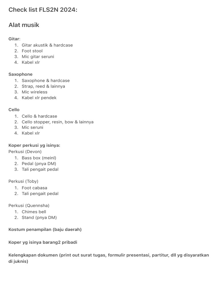 Daftar Perlengkapan FLS2N 2024 | PDF