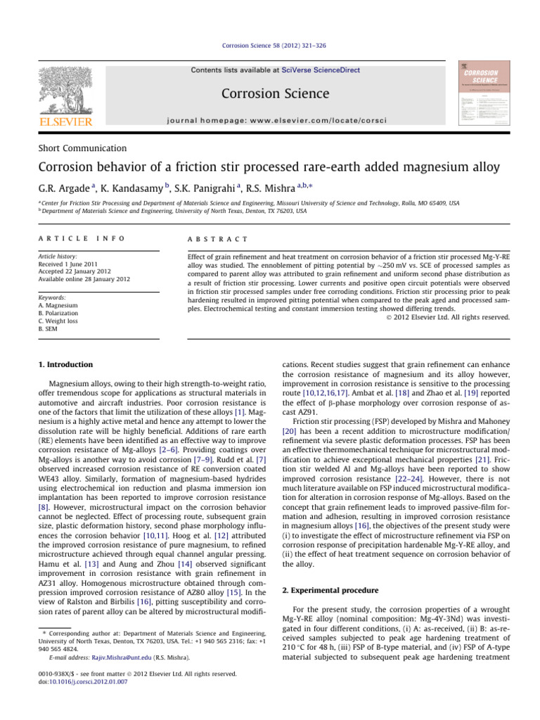 Corrosion Behavior of A Friction Stir Processed Rare-Earth Added Magnesium Alloy | PDF ...