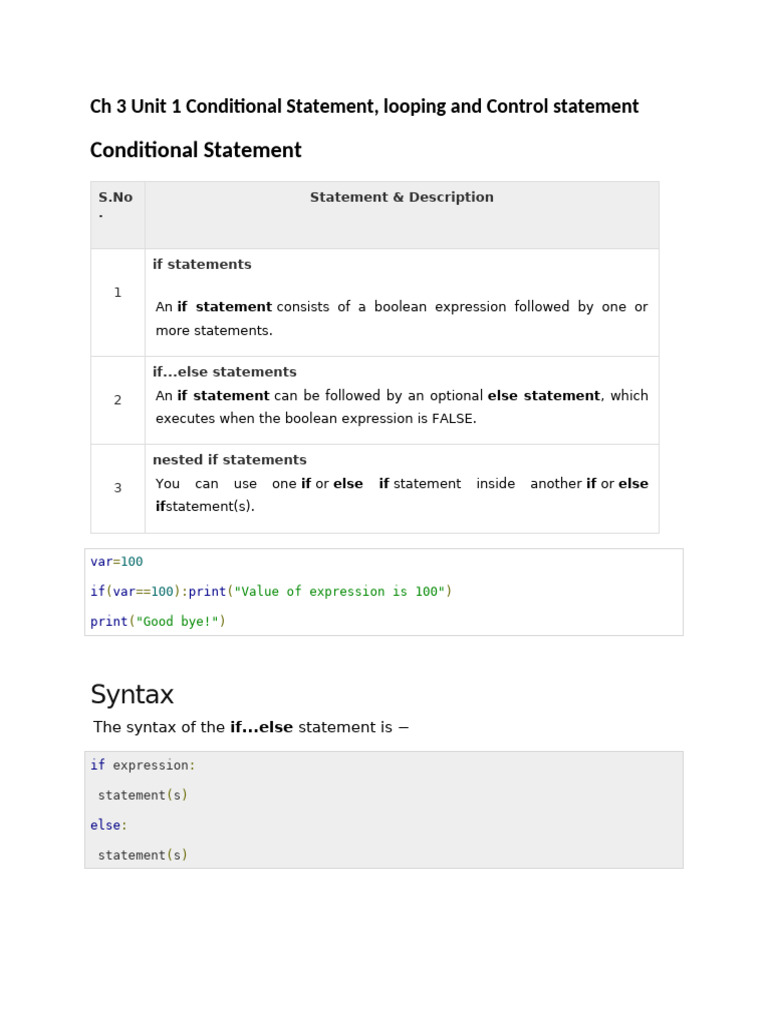 CH 3 Unit 1 Conditional Statement, Looping and Control Statement | PDF | Control Flow | Boolean ...