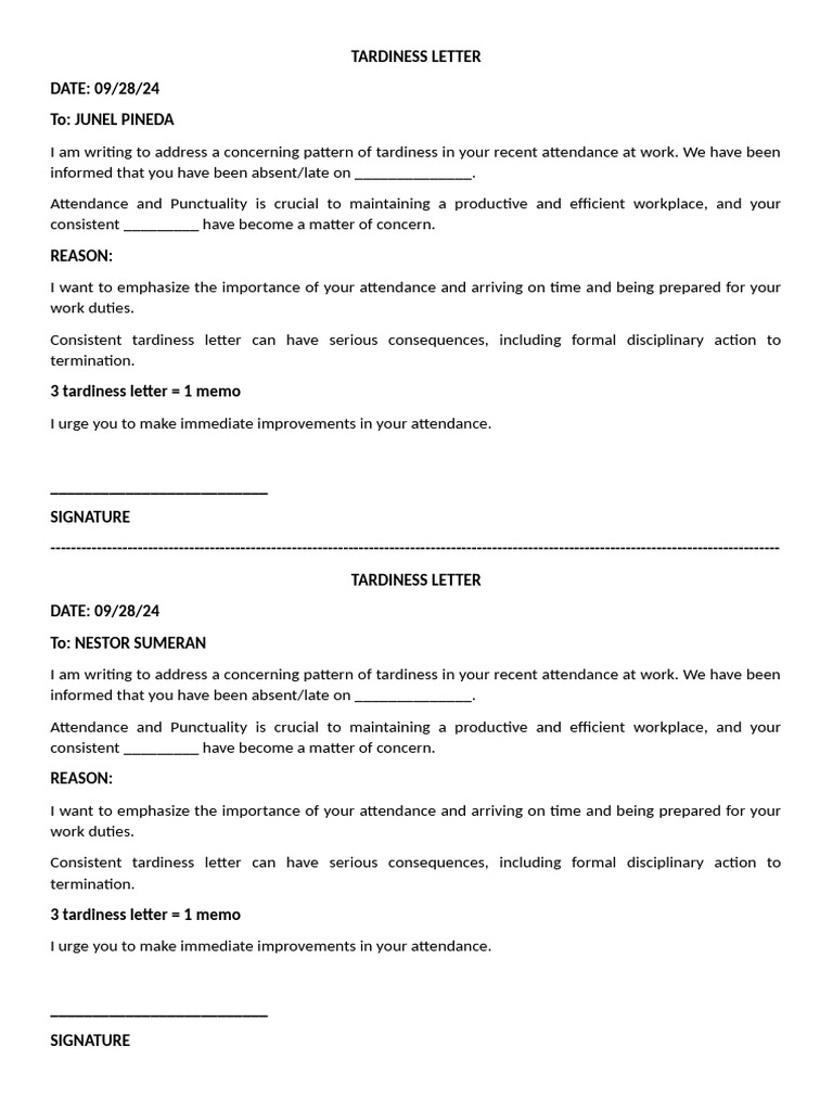 Format - Tardiness Letter | PDF | Career & Growth | Finance & Money ...