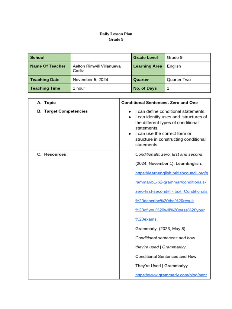 Lesson Plan For Conditionals 1 and 2 | PDF | Grammatical Tense | Verb