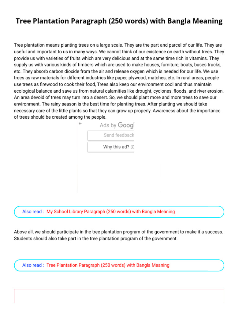 Tree Plantation Paragraph (250 Words) With Bangla Meaning | PDF