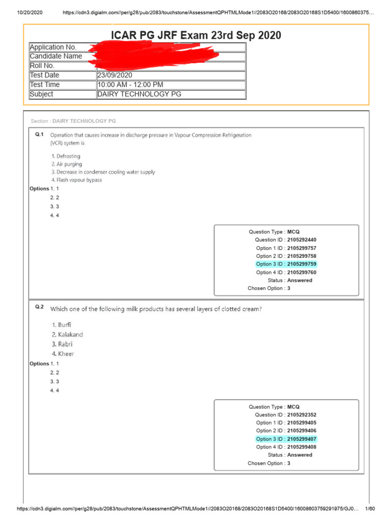 ICAR PG Dairy Technology Exam Paper | PDF | Multiple Choice | Methodology