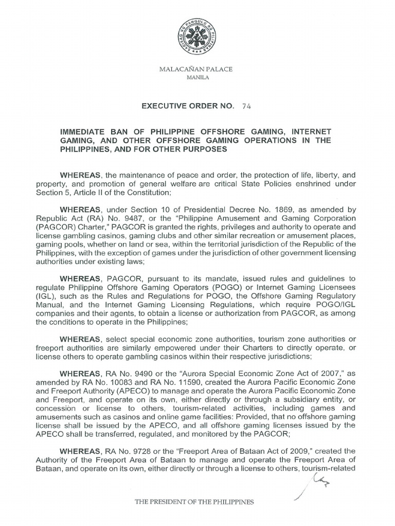 Executive Order No. 74 Re POGO Ban | PDF