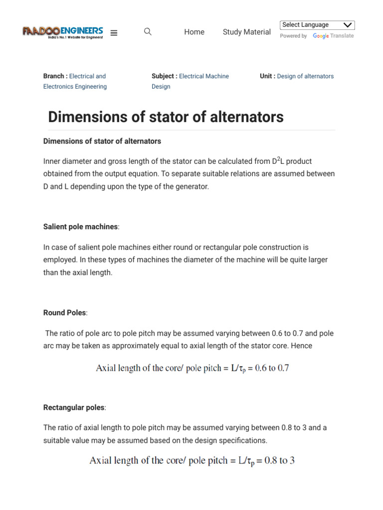 Dimensions of Stator of Alternators, Electrical Engineering, Electrical ...