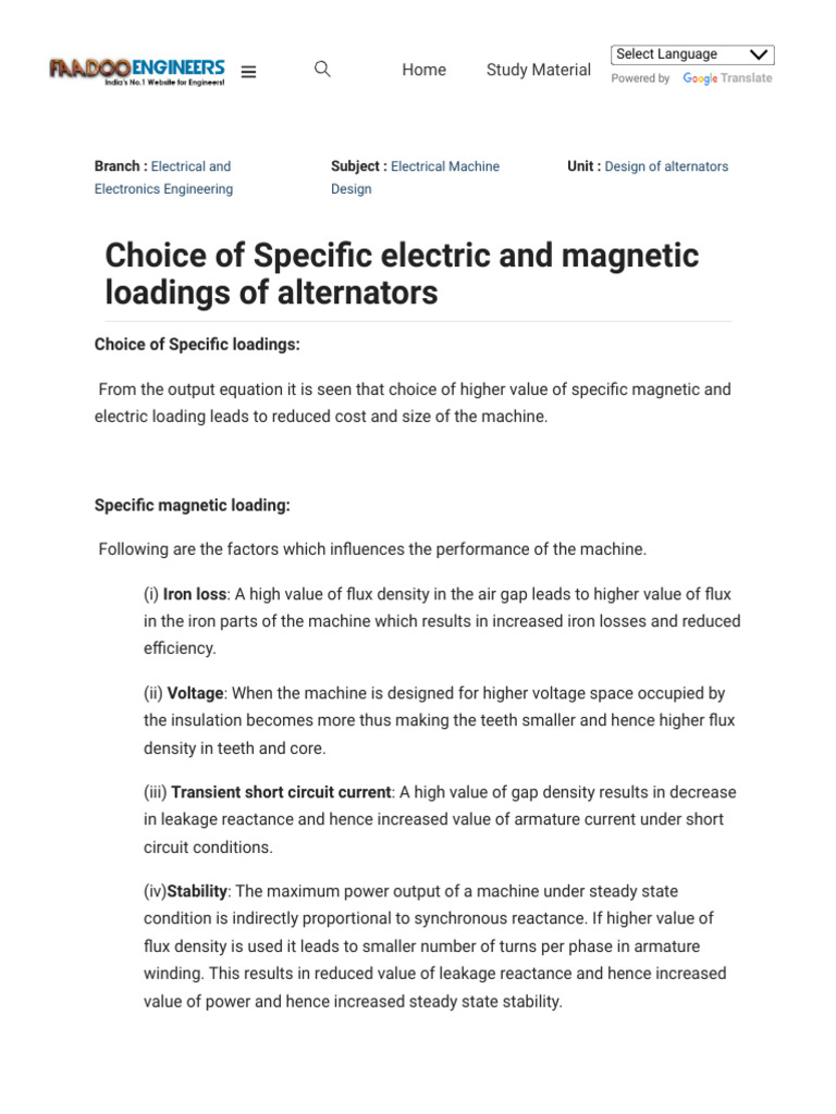 Choice of Specific Electric and Magnetic Loadings of Alternators ...