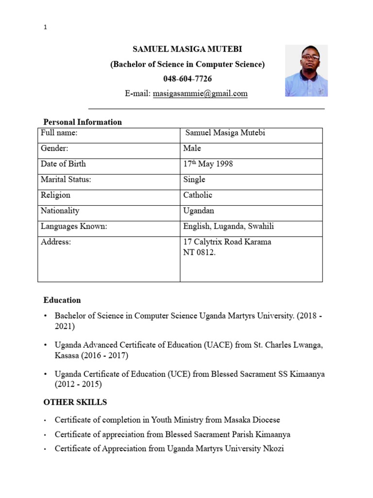 Mutebi Samuel Masiga CV | PDF | Catholic Church | Christian ...