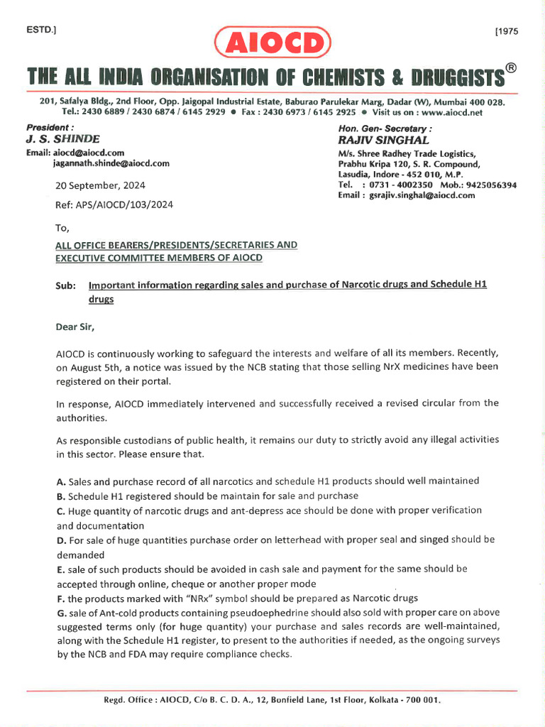 Sales and Purchase of Narcotic Drugs and Schedule H1 Drugs | PDF