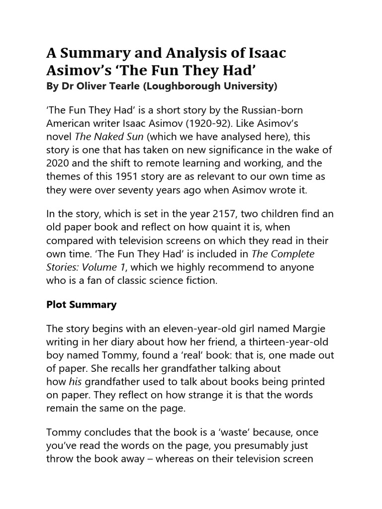The Fun They Had Summary and Analysis | PDF | Isaac Asimov
