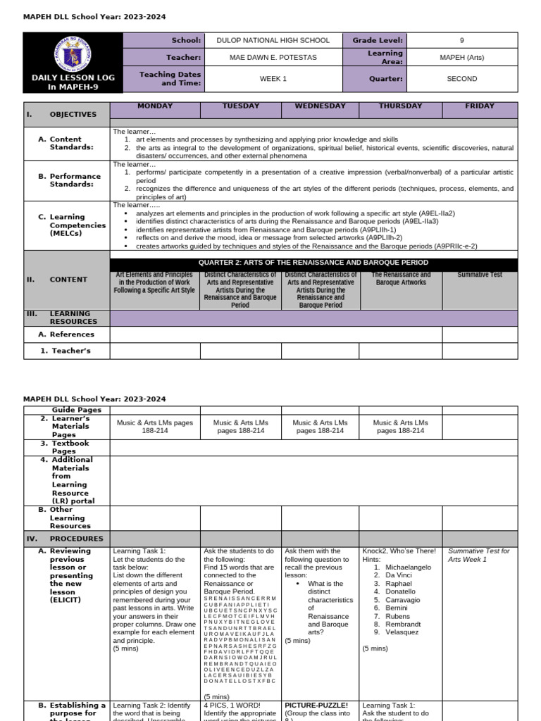 Q2 DLL-MAPEH 9 - Arts | PDF | Baroque