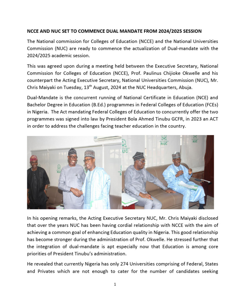 Ncce and Nuc Set To Commence Dual Mandate From 2024 - 2025 Session ...