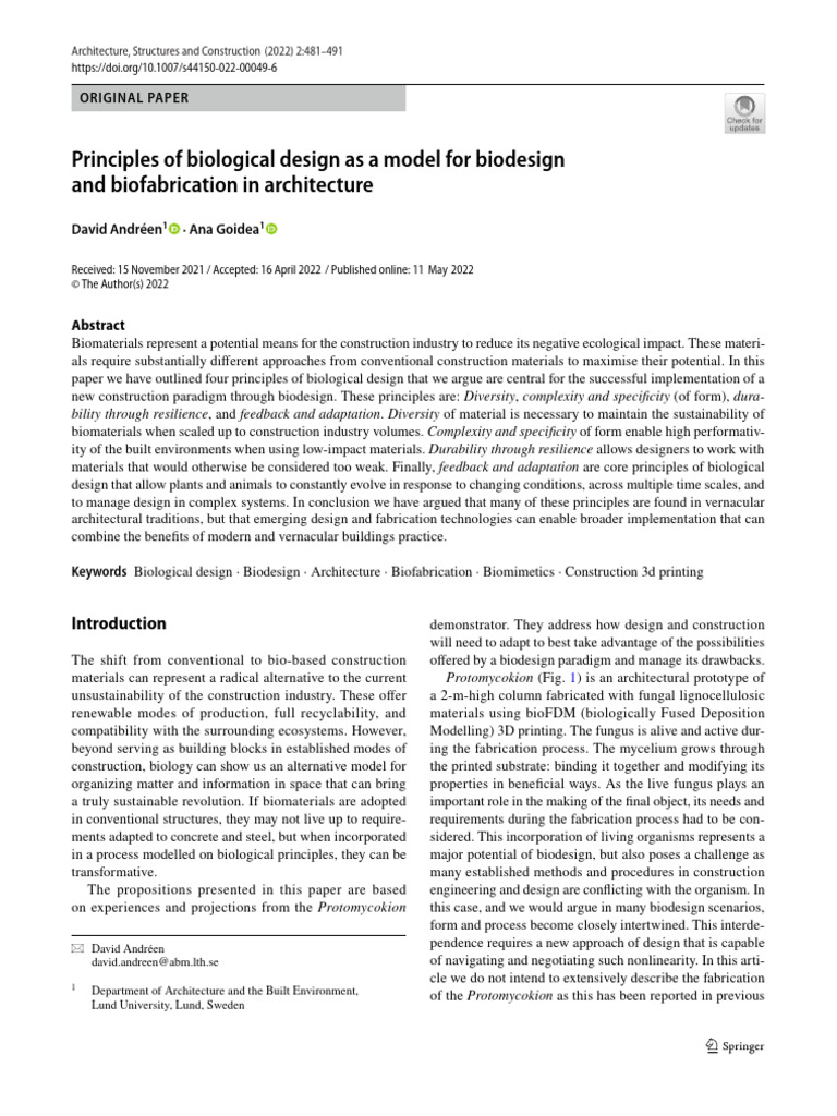 Principles of Biological Design As A Model For Biodesign and Biofabrication in Architecture ...