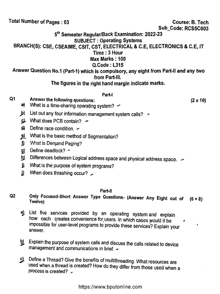 Btech Cse Cseaime Csit CST Ece It 5 Sem Operating Systems Rcs5c003 2023 | PDF