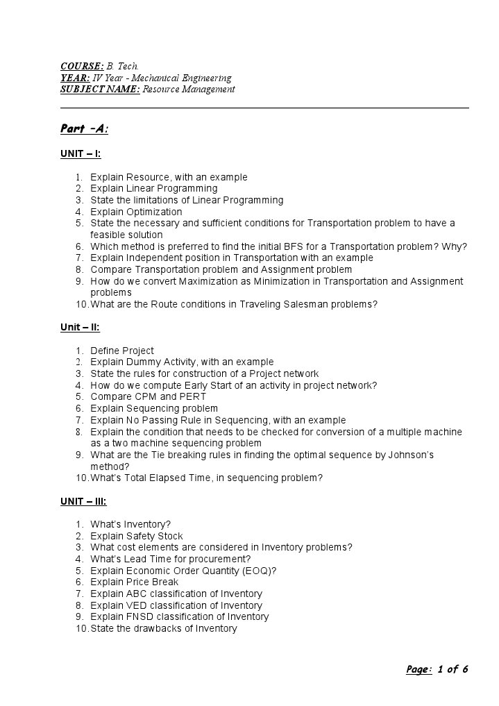 Part - A:: COURSE: B. Tech. YEAR: IV Year - Mechanical Engineering SUBJECT NAME: Resource ...