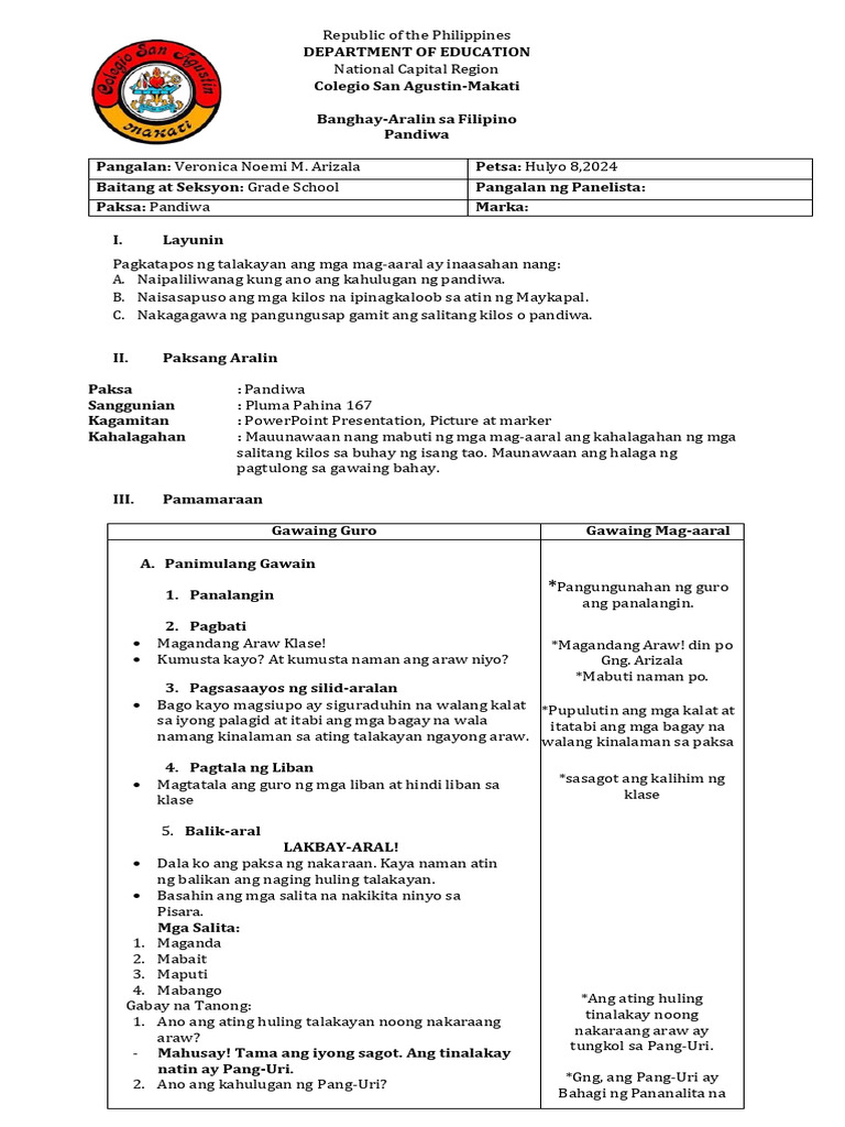 Lesson Plan Pandiwa CSA | PDF