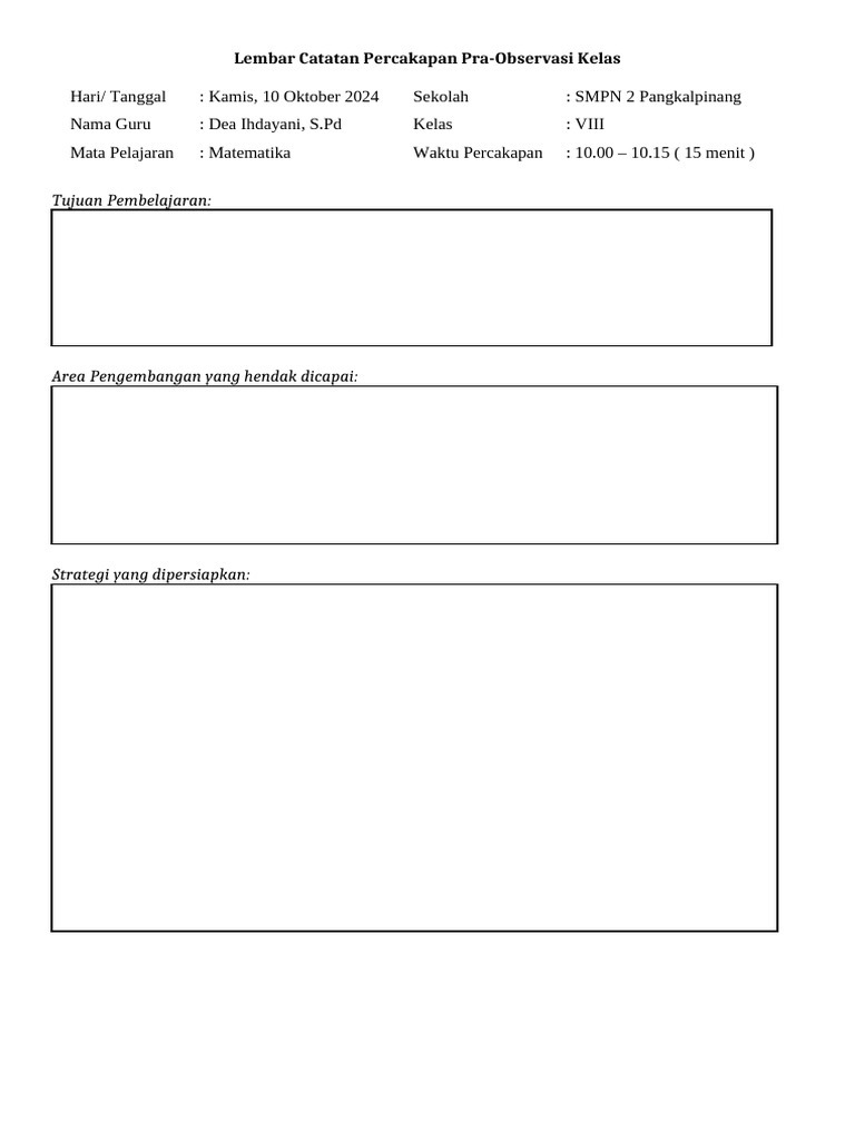Contoh 1 - Lembar Catatan Percakapan Pra-Observasi Kelas | PDF