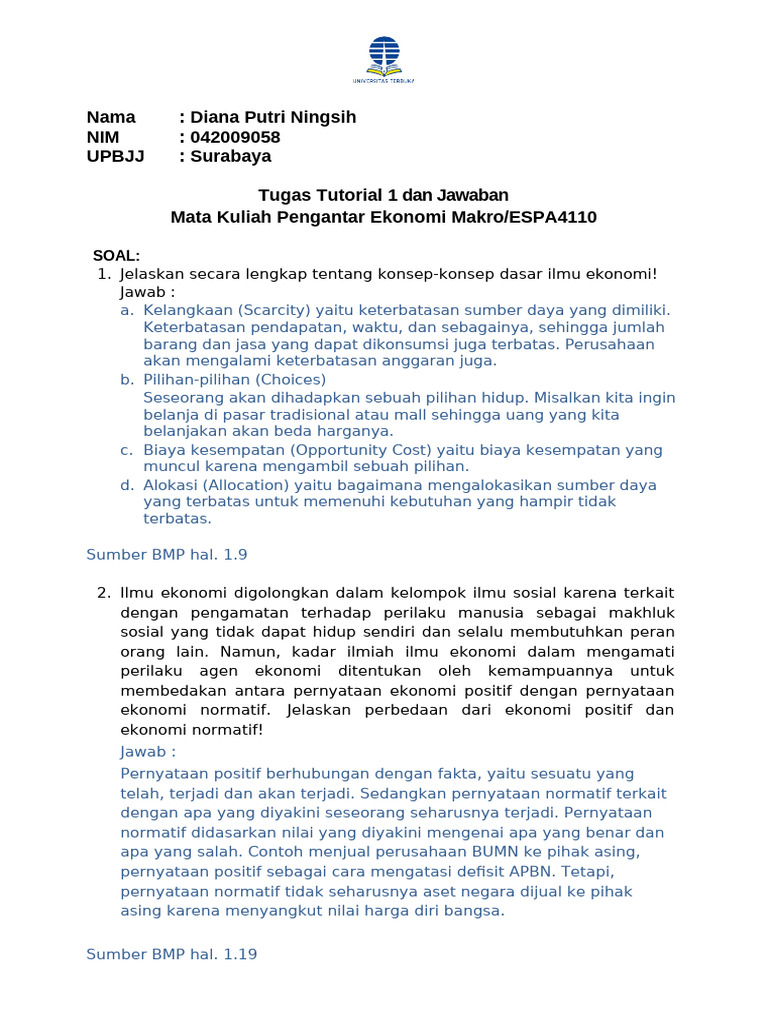 Diana Putri Ningsih - 042009058 - Surabaya - Tugas Tutorial 1 Pengantar Ekonomi Makro | PDF