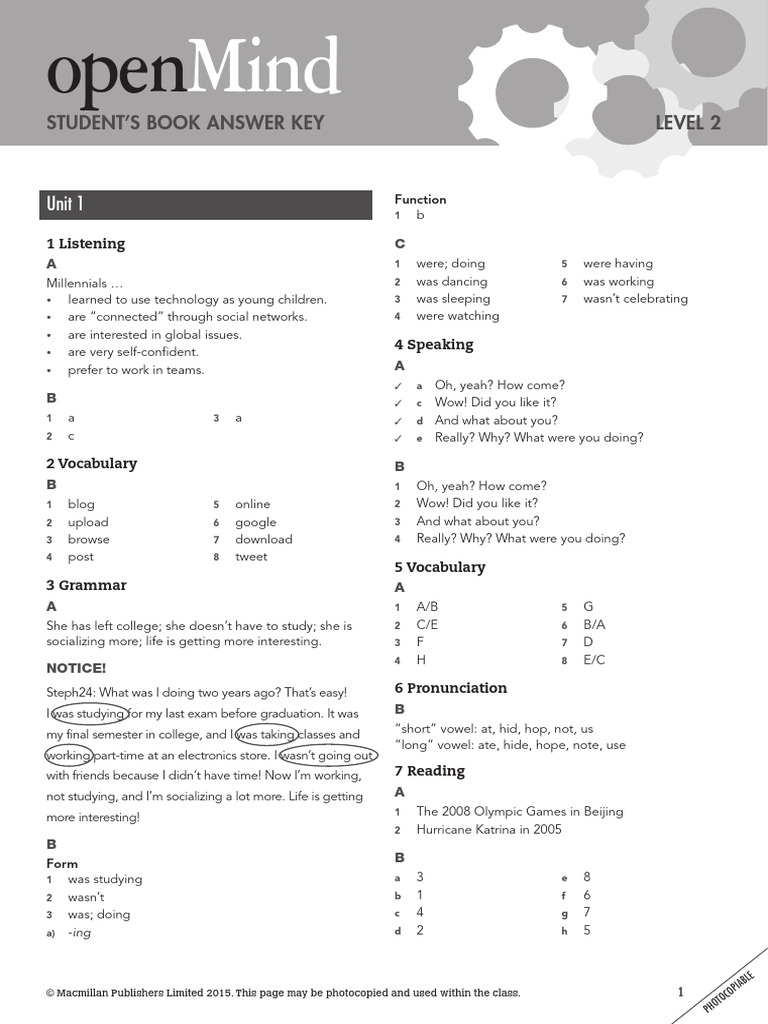 Openmind 2 Unit 1 Student's Book Answer Key | PDF | Linguistics | Human Communication