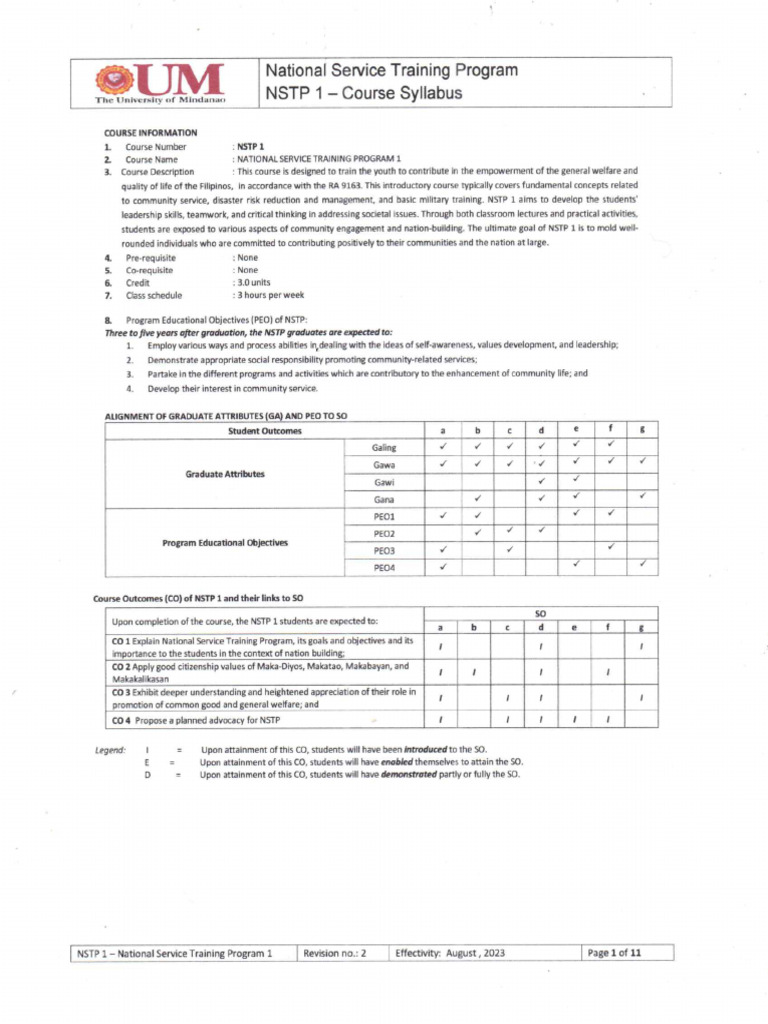 NSTP 1 Course Syllabus | PDF