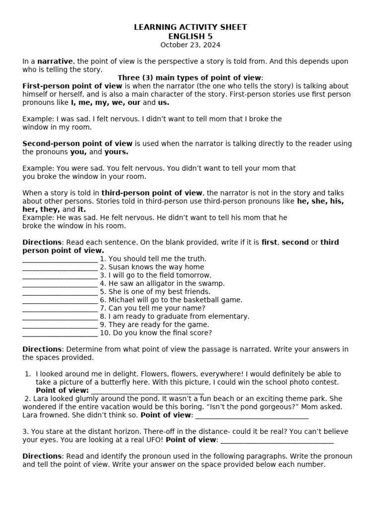 Learning Activity Sheet English Grade 5 | PDF | Narration